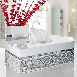 Creative Scents Bathroom Trash Can - Decorative Waste Basket for Bathroom - Durable Bathroom Wastebasket - Waste Bin for Bathroom, Powder Room Or Bedroom Mirror Damask Style (White and Gray)