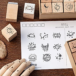 16Pcs Vintage Wooden Seal Set, Retro Rubber Stamps, Flower Moon Star Butterfly Mountain Rubber Stamps for Scrapbooking Ephemera Planner DIY Craft Card Making (Moon&Sixpence)