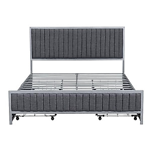 WADRI Modern Queen Size Metal Frame Upholstered Bed with 4 Drawers, Linen Fabric Platform Bed with Upholstered Headboard, Storage Platform Bed for Kids Teens Bedroom (Gray + Linen-N32)