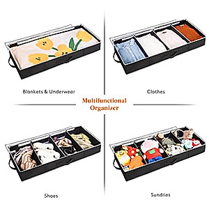 Lifewit Under Bed Clothes Organizer Large Adjustable Dividers Storage Bag with Durable Fabric, Reinforced Handle, 4 Clear Window for Clothing, Shoes, Blankets, Sweaters, Black, 2 Pack
