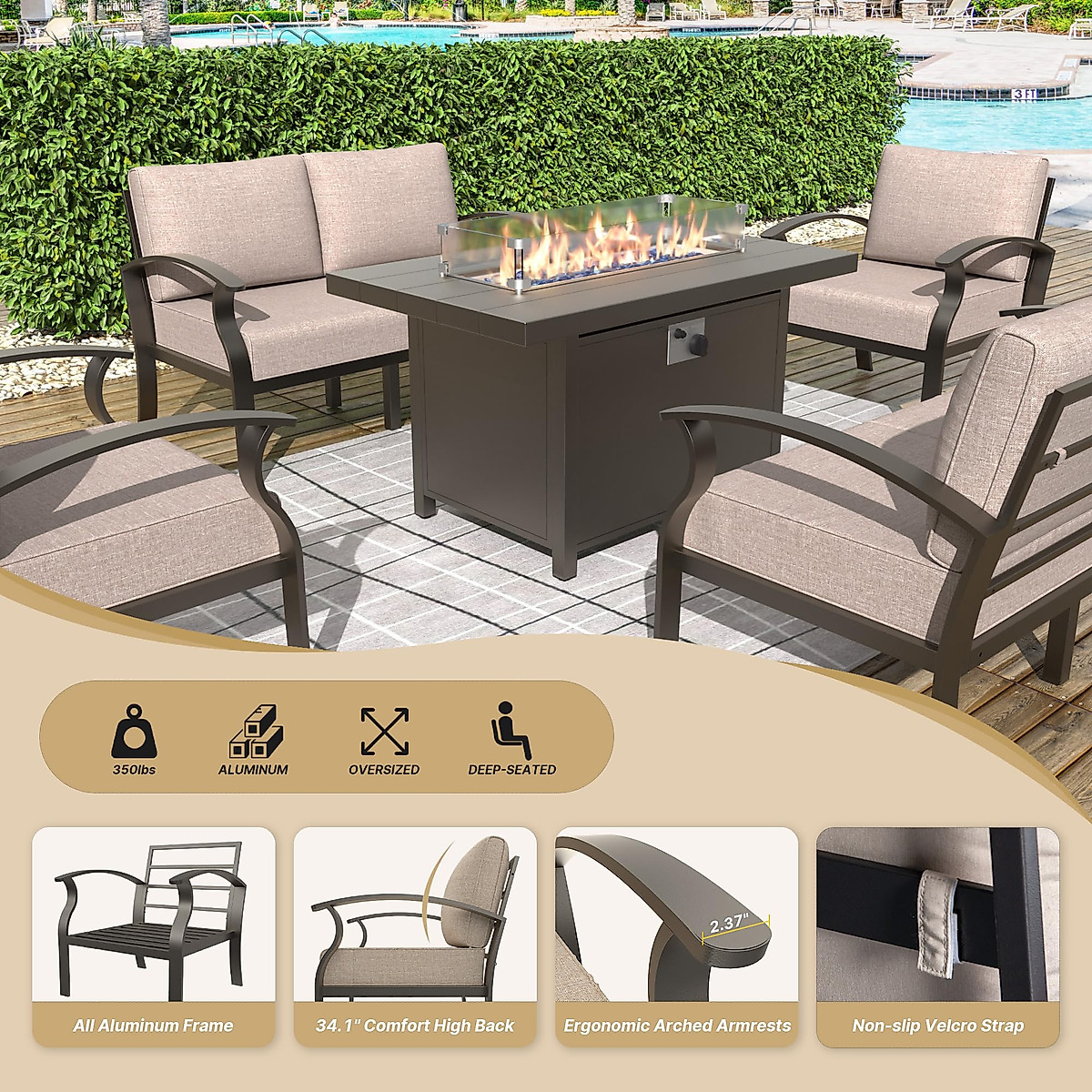 Piltwoff 10-Seat Aluminum Patio Furniture Set with Swivel Chairs,8 Piece Metal Outdoor Sectional Sofa w/45in 55000BTU Fire Pit,Swivel Rocking Chairs with Side Coffee Table,Sand
