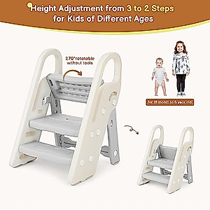 Onasti Foldable Toddler Step Stop for Bathroom Sink, Adjustable 3 Step Stool for Kids Toilet Potty Training Stool with Handles, Child Kitchen Counter Stool Helper, Plastic Ladder for Toddlers Grey