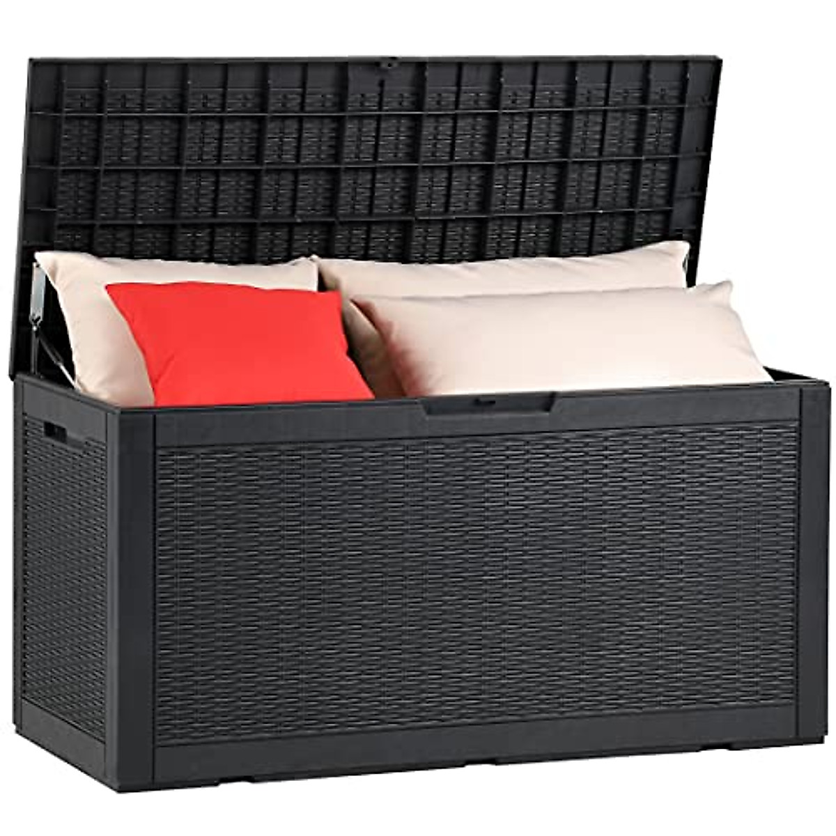 YITAHOME 100 Gallon Large Resin Deck Box Outdoor Storage Boxes for Patio Furniture & DC America UBP18181-BR 18-Inch Cast Stone Umbrella Base, Made from Rust Free Composite Materials