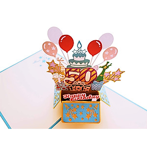 iGifts And Cards Happy 50th Blue Birthday Party Box 3D Pop Up Greeting Card – Fifty, Awesome, Balloons, Presents, Unique, Congrats, Celebration, Feliz Cumpleaños, Fun