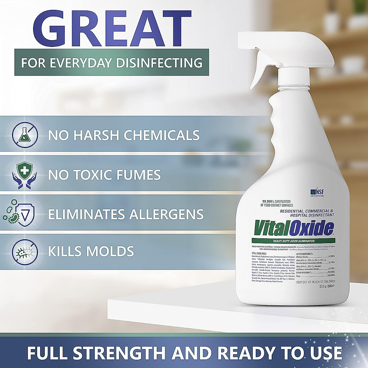 Vital Oxide Disinfectant, Deodorizer, Cleaner, Food-Contact Sanitizer, Virucide – (EPA registration #82972-1) – Kills Mold & Mildew, Eliminates Odors – 1 Gallon, 32 oz, & 3 oz