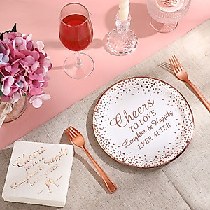 150 Pcs Bridal Shower Rose Gold Party Supplies Napkins Plates Forks Tableware Disposable Dinnerware Set for Bridal Shower Wedding Engagement Bachelorette Party Decorations (Cheers Style)