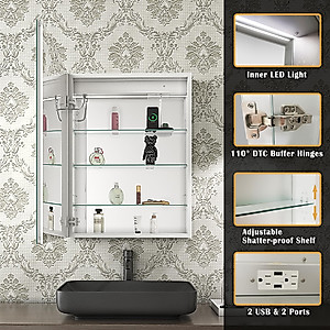 Benime 24x32 Inch, LED Lighted Bathroom Medicine Cabinet with Mirror, Surface or Recessed Medicine Cabinet with Lights, Defogger, Stepless Dimming&Color Temps, 2 Outlets&USBs, 3 Storage Shelves