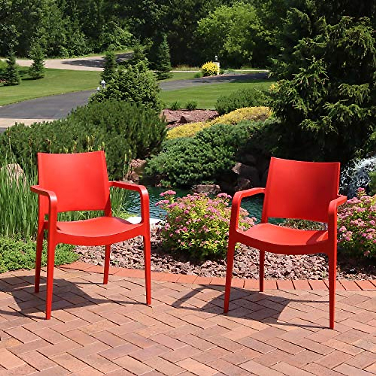 Sunnydaze Landon Plastic Patio Dining Armchair Seat - Modern Design - Deck, Lawn and Garden Seat - Indoor or Outdoor Use - Commercial Grade All-Weather - Red - 4 Chairs