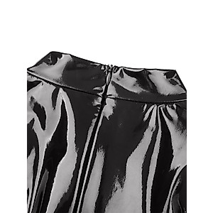 ACSUSS Womens Hollow Out Crotchless Jumpsuit Open Chest Long Sleeve Mock Neck Patent Leather Bodysuit Black Medium