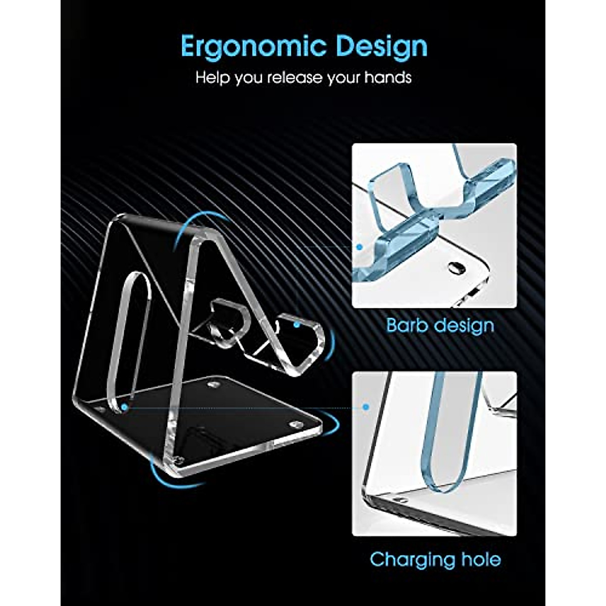 KTRIO Acrylic Cell Phone Stand, Clear Phone Holder, Transparent Phone Stand for Desk Phone Dock Cradle Compatible with iPhone 14 13 Pro Max 12 11 XR, All Smartphones 4-8 inch, Desk Accessories