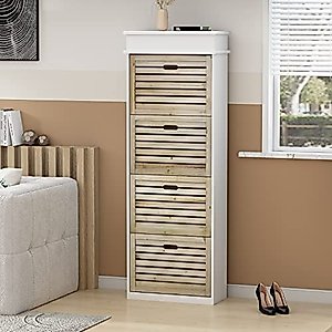 AGOTENI Tall Shoe Cabinet with 4 Flip Drawers, Narrow Storage Cabinet, Wood Shoe Storage for Hallway Entrance, White+Natural (21.7”W x 9.8”D x 64”H)