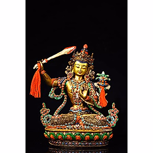 9" Tibetan Temple Collection Old Bronze Outline in Gold Painted Mosaic gem Dzi Beads Manjushri Worship Buddha Town House