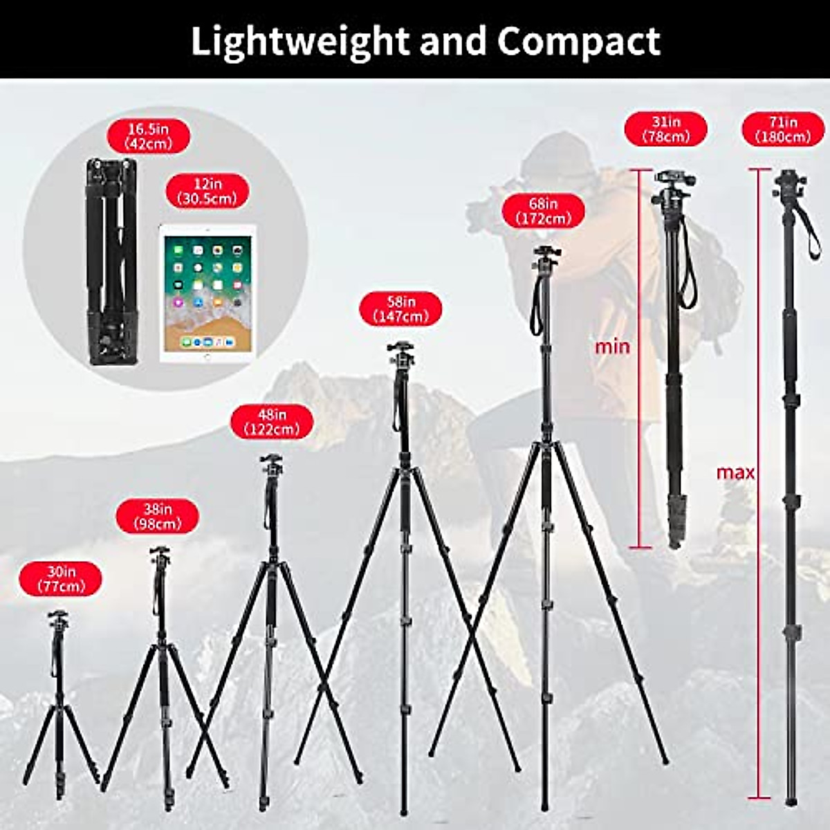 Nietoto 68" Camera Tripod, Aluminum Travel Tripod for Camera, DSLR Camema Tripod, Compact Professional Camera Tripod Monopod with 360 Panorama Ball Head, 1/4 QR Plate, Carry Bag