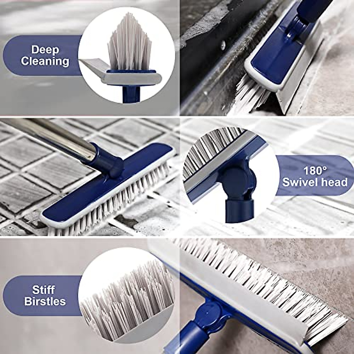 2 in 1 Swivel Grout Brush with 57.8" Long Handle,120°Rotatable Floor Scrub Brush,Shower Grout Scrubber for Tile Floors Kitchen Bathroom,Crevice Squeegee V-Shaped Corner Brush for Hard to Reach Areas