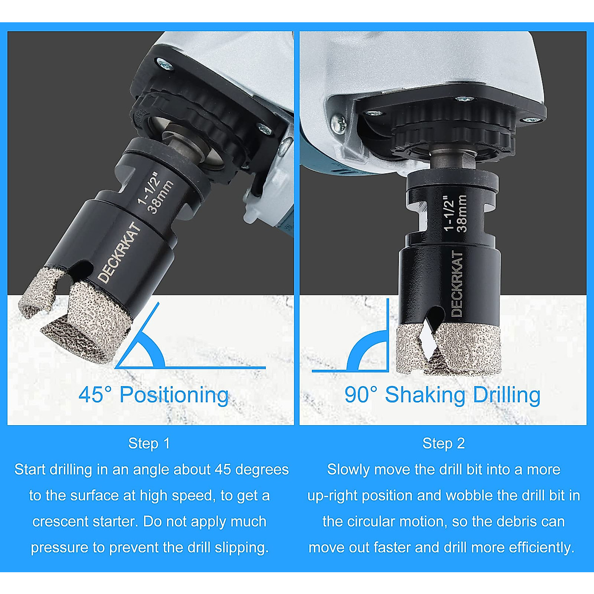 1-1/2” Diamond Core Drill Bit 38mm Vacuum Brazed Hole Saw with Cutting Flutes for Granite Quartz Porcelain Tile Hard Materials 5/8-11 Female Thread & 3/8” Hex Shank Adapter Fit Angle Grinders & Drills