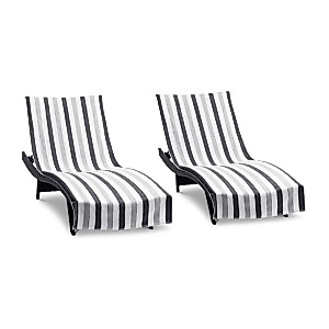 Arkwright Cabo Chaise Lounge Cover - Pack of 2 - Striped Soft Cotton Cabana Towel with Pocket Holder for Beach Pool Outdoor Chair, 30 x 85 in., Charcoal/Silver