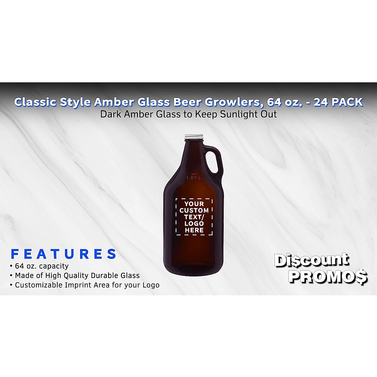 DISCOUNT PROMOS 24 Amber Glass Beer Growlers Set, 64 oz. - Customizable Text, Logo - Screw on Lid, Sturdy, Barware - Amber