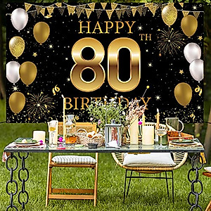 80th Birthday Party Decorations Backdrop Banner, Happy 80th Birthday Decorations for Men Women, 80 Years Old Birthday Photo Booth Props Black Gold, 80 Birthday Yard Sign, Fabric Vicycaty
