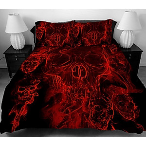 YSJ 3 PCS Duvet Cover Set with Zipper Closure,Ties-Black Red Skull Pattern Printed-Full Size Bedding Set Comforter Protector Pillowcases (Full)