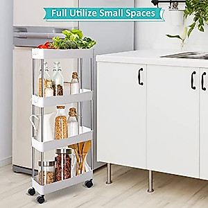 Slim Storage Cart, 4 Tier Bathroom Rolling Utility Cart Storage Organizer, White Slide Out Rolling Cart with Wheels, Rolling Storage Cart for Kitchen Bathroom Laundry Narrow Places…
