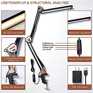 paugeory LED Lamp, LED Swing Arm Lamp with Jig, 3 Color Modes, Level 8 Dimmer Eye Protection Lamp, for Home Office, Study, Reading, Dorm, Studio, with USB Adapter (Black and Gold)