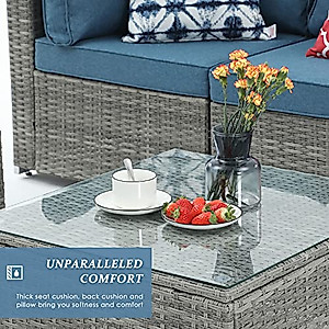 VONZOY 7 Pieces Patio Furniture Set, Outdoor Sectional Sofa Couch, Grey Wicker Rattan Patio Conversation Set with Cushions and Table (Blue)