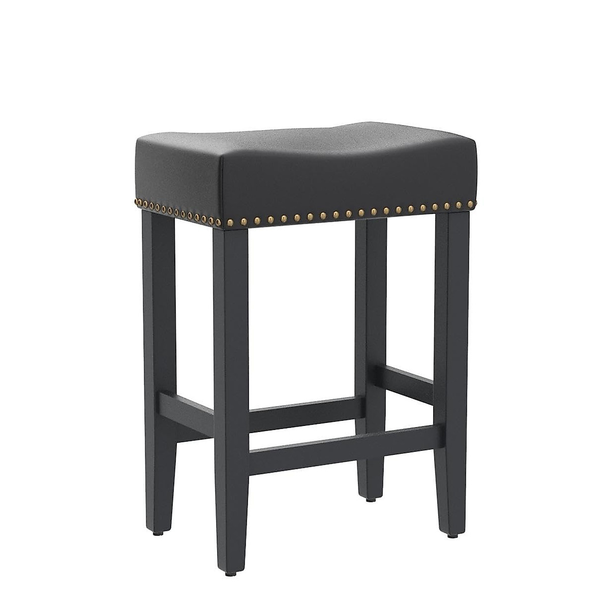 Furnimart 26” Bar Stools Set of 2 Leather Saddle Stool Counter Height Bar stools with Rivet Trim Cushion Seat Wood Counter Stools for Kitchen and Bar (PU-Black)