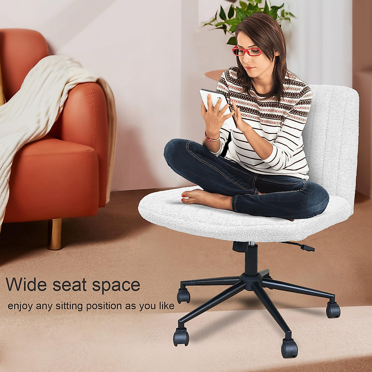 Kadunmina Armless Office Desk Chair with Wheels, Modern Swivel Computer Task Chair Comfortable Adjustable Wide Seat Vanity Chair for Home, Bedroom, Make Up(White)