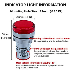 ARLETA 10pcs Energy Saving LED Indicator Light Voltage 12V/24V/110V Current 20mA Mounting Hole Size 22mm(7/8 Inch) Green Yellow Red Blue White (12V)