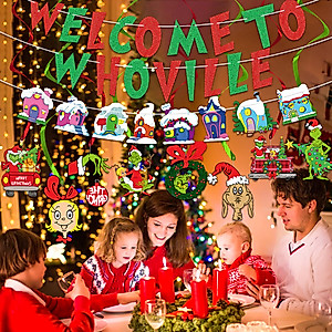 Welcome To Whoville Banner with Christmas Hanging Swirls Party Decorations, Red and Green Glitter Letter Banner Xmas Hanging Swirls Decorations Welcome Party Supplies Decorations