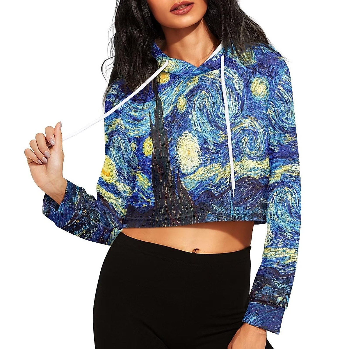 DISNIMO Van Gogh Starry Night Crop Top Hoodie for Women Teen Girls L Long Sleeve Shirt Athletic Sweatshirt Drawstring Hooded Pullover Tops Fall Outfits Running Gym Sport Clothing