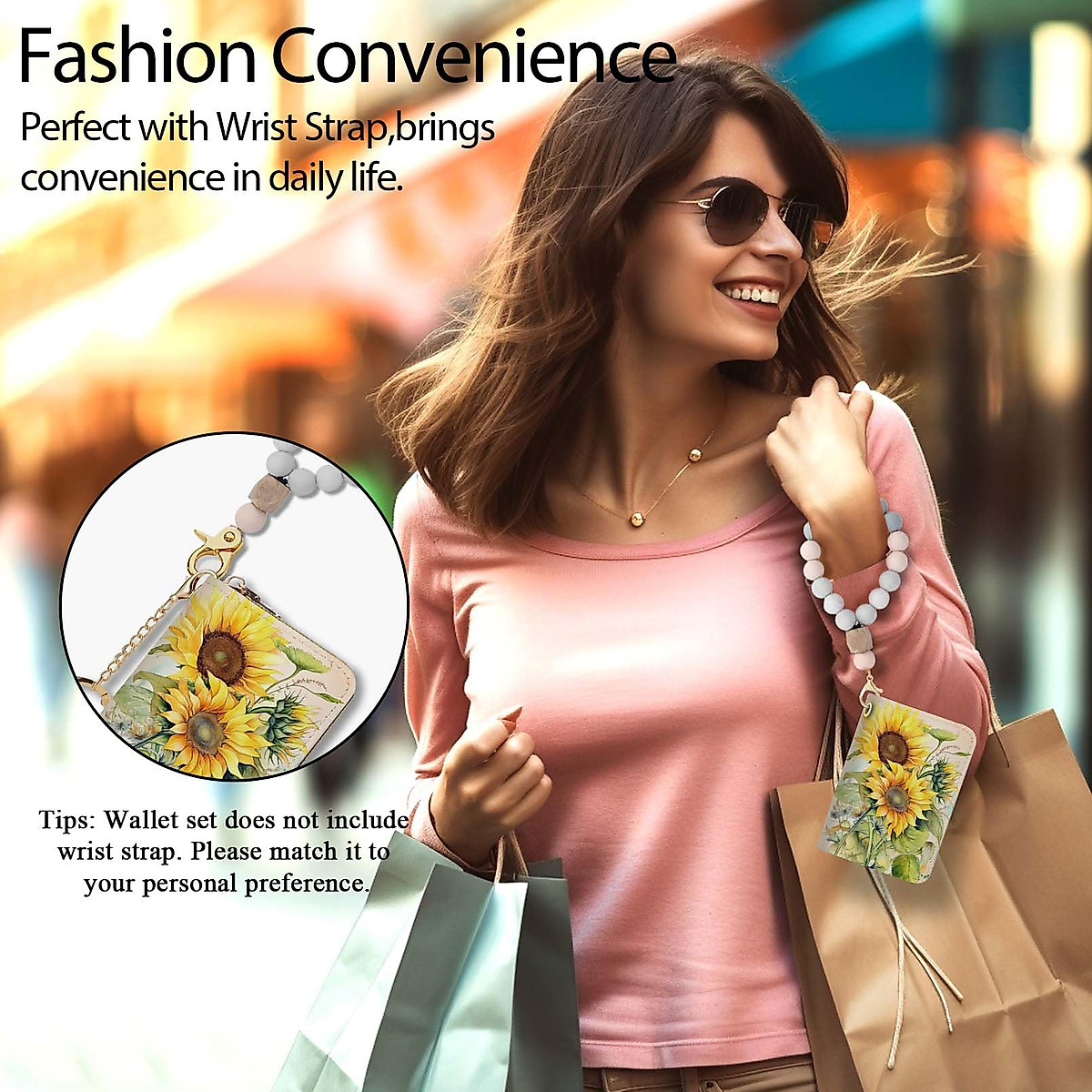 Yonlevres Credit Card Holder RFID Wallet, Sunflower Small Card Holder Wallet for Women with Keychain Zipper, Cute Leather Floral Credit Card Case Organizer Accordion Gift