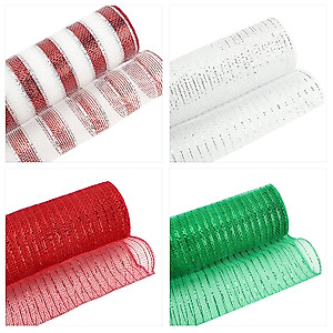 4 Roll Christmas Poly Mesh Ribbon, 10 Inch x 30 Feet Metallic Poly Mesh Ribbon Red Green and White Glitter Foil Mesh Ribbon Decorative Mesh Rolls for DIY Wreath Crafts Christmas Party Decoration