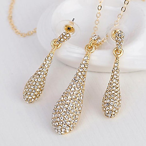YINLI Gold Full Crystal Rhinestone Gem Tear Drop Pendant Necklace Earrings Jewelry Sets (Style01)