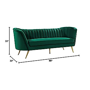 Meridian Furniture Margo Collection Modern | Contemporary Velvet Upholstered Sofa with Deep Channel Tufting and Rich Gold Stainless Steel Legs, Green, 88" W x 30" D x 33" H
