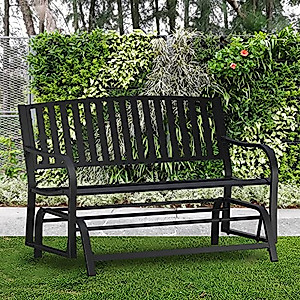 2-Person Outdoor Patio Glider Bench for Outside, Benches Swing Rocking Metal Loveseat Coated Steel Frame Porch Furniture Weatherproof Garden Backyard，Black, 2ZWQ03