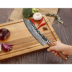 YOUSUNLONG Butcher Knife 8" Cimitar Hybrid Cleaver Japanese Hammered Damascus Steel Natural Walnut Wooden Handle