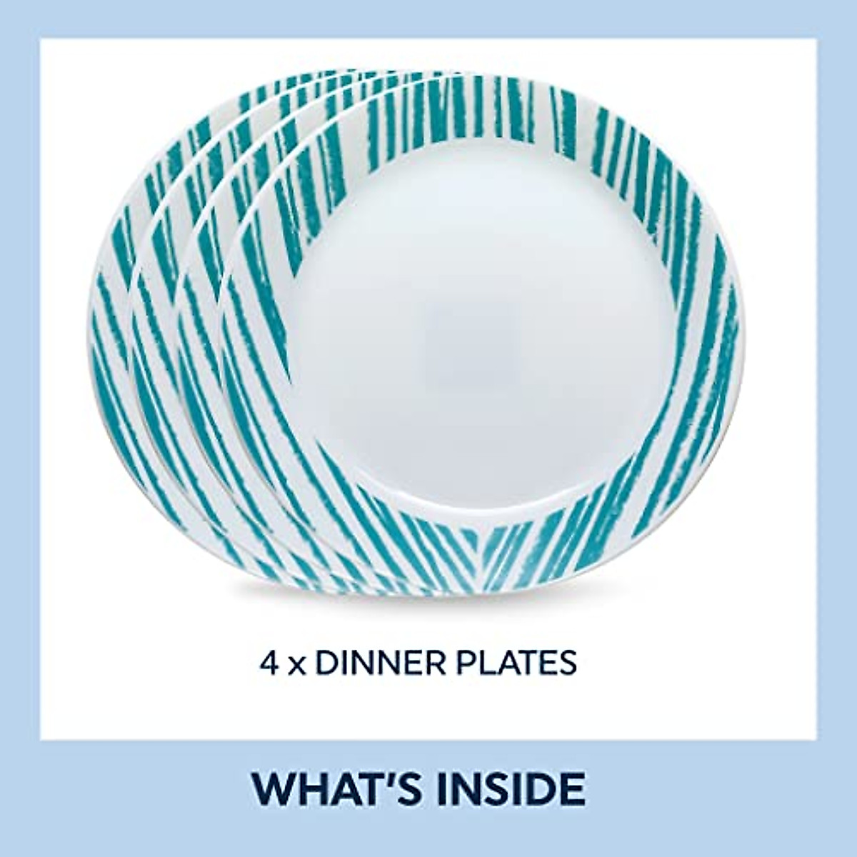 Corelle Everyday Expressions 4-Pc Dining Plates Set, Service for 4, Durable and Eco-Friendly 10-1/2-Inch Plates, Higher Rim Glass Dinner Plate Set, Microwave and Dishwasher Safe, Geometrica