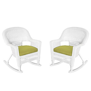 Jeco Rocker Wicker Chair with Green Cushion, Set of 2, White