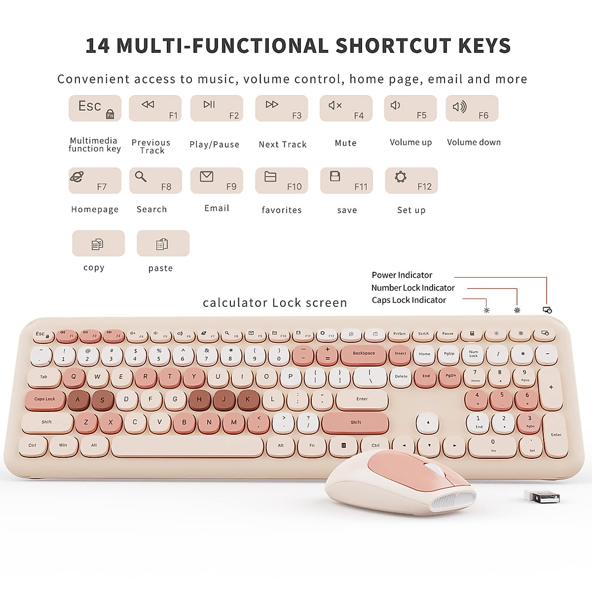 Wireless Keyboard and Mouse Combo, Colorful Ergonomic Full Size Retro Low-Noise Keyboard with Cute keycaps, Compatible with Windows, PC, Perfer for Home and Office Keyboards (Brown)