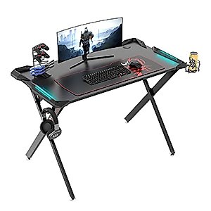 EUREKA ERGONOMIC Gaming Desk with RGB LED Lights, 45 Inch Gamer Desk PC Gaming Computer Desk Gaming Table Workstation W Free Mouse Pad, Controller Stand,Cup Holder and Headphone Hook,Black