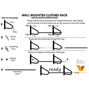 VEGAINDOOR City Edition Wall Mounted Clothes Rack for Hanging Clothes , Retail Display Clothes Rod ,Garment Rack, Space Saving Wall Mount Garment Bar, Gold Clothing Rack ,39.4" (Gold)