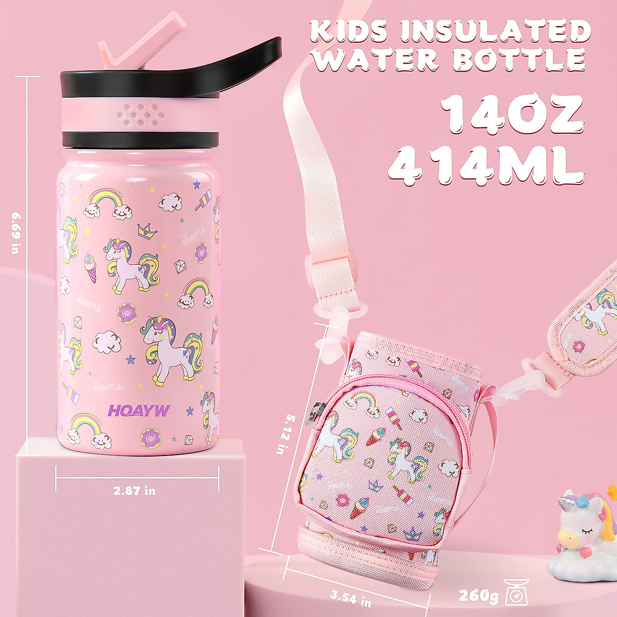 HQAYW Girls Water Bottles for School, 14oz Kids Water Bottle Stainless Steel, Insulated Water Bottle with Straw Cap Leakproof, Wide-Mouth BPA Free Tumbler Cups Metal Canteen for Sports, Unicorn