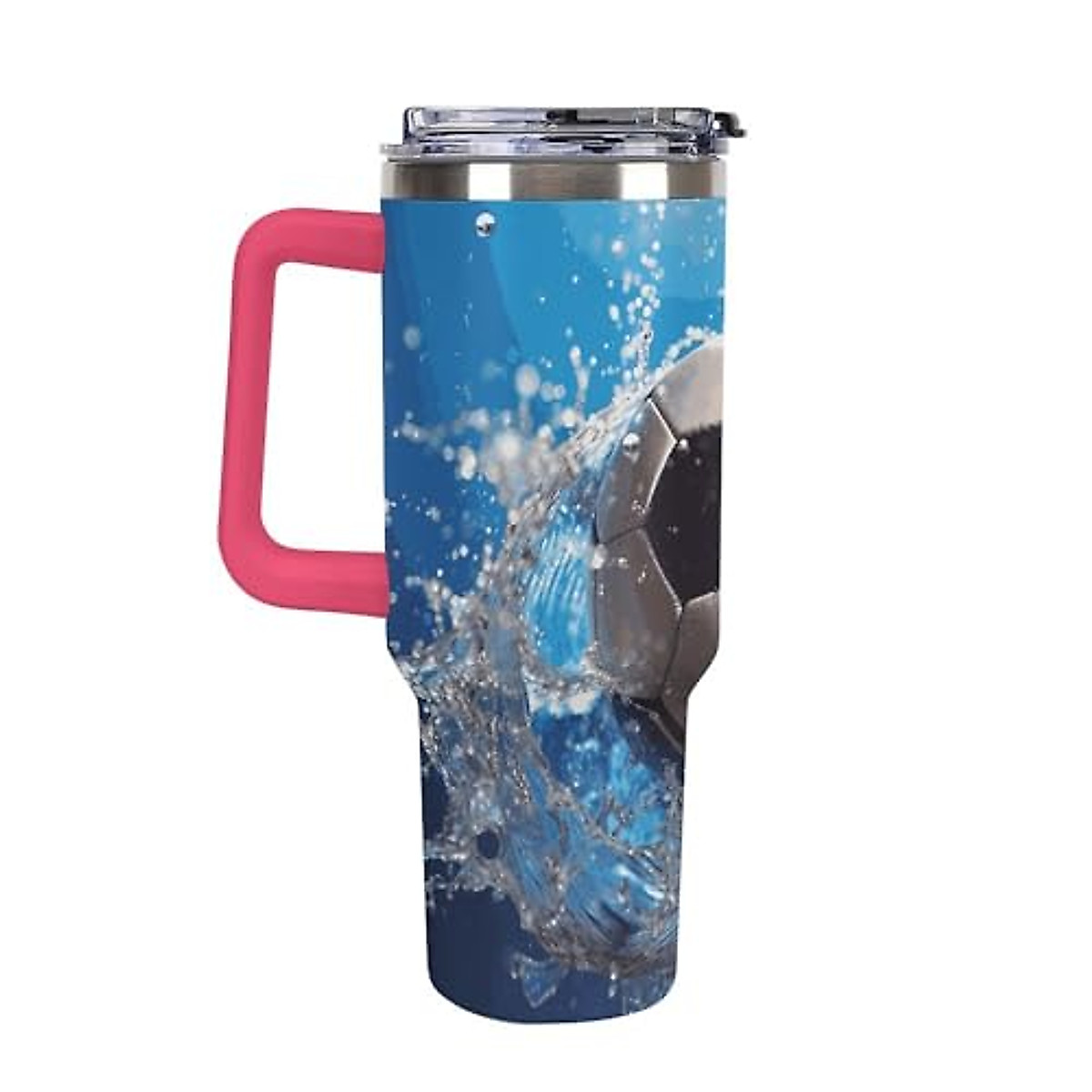 LLUTSNTH 40 Oz Vacuum Tumbler with Light Rose Red Handle Leakproof Insulated Tumbler Soccer Ball Water Stainless Steel Travel Mug with Lid And Straw Coffee Cup Cute Water Bottles Cup Holder Friendly