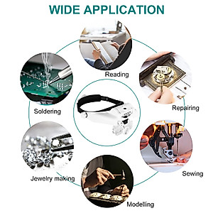 Headband Magnifier Glasses, Linkhood 1X to 14X Rechargeable Head Magnifier with LED Light, Handsfree Head Mount Magnifying Glass with 6 Detachable Lens for Close Work Reading Jewelry Crafts Repair