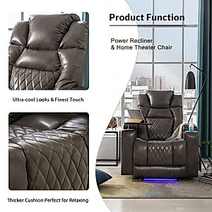 TRIPLE TREE Power Motion Recliner with Ambient Lighting, USB Charge Port, 360° Swivel Tray Table, Hand in-Arm Storage, 2 Convenient Cup Holders, Gaming Recliner Chair Home Theater Seating, Grey