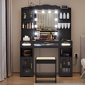 Vlsrka Black Vanity Desk with Mirror and Lights, Makeup Vanity Set with Charging Station, Power Strip, Vanity Table with Hollywood Mirror and Chair, 3 Colors Lighting Modes
