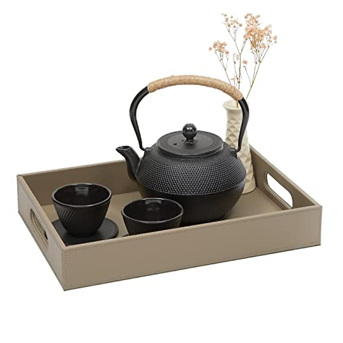 2-Pack Wooden Nesting Serving Tray Set with Stitched Faux Leather Skin and 2 Handles, Slip-Resistant Breakfast Service Tray in 2 Sizes (13.8x9.9x2.3 and 15.8x12x2.5 in, Taupe)