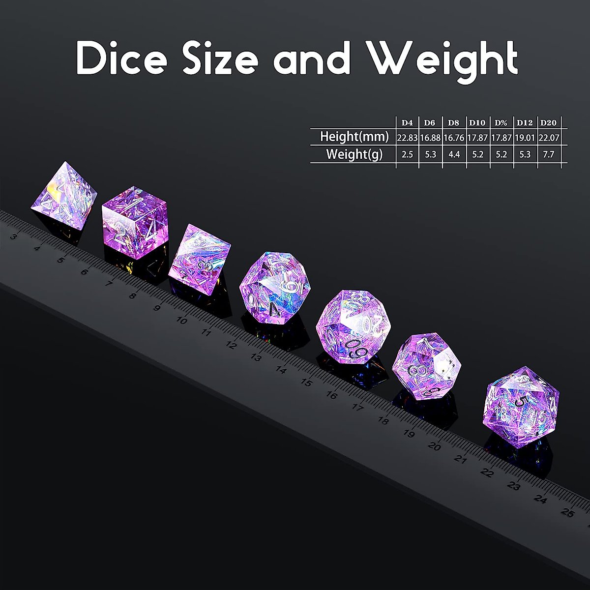 DNDND Sharp Edge Dice Set,Handmade 7 Piece DND Dice with Gift Case for DND Dungeons and Dragon Game (Purple with Silver Number)