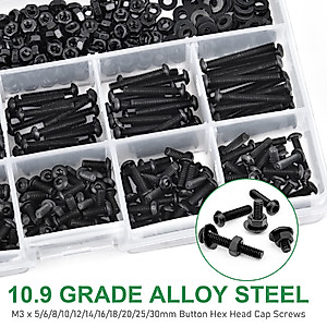 FOLIV 700PCS M3 x 5/6/8/10/12/14/16/18/20/25/30mm Button Hex Head Cap Screws M3 Metric Machine Screws Bolts Nuts Washer Assortment Kit, 10.9 Grade Alloy Steel
